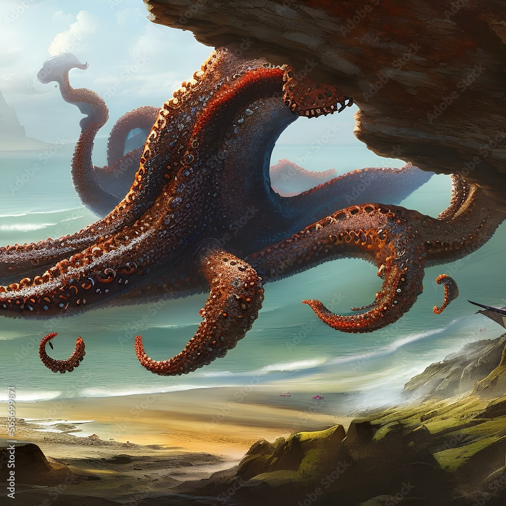 Terrible fantasy scene of a giant octopus attacking a coastal village3 ...
