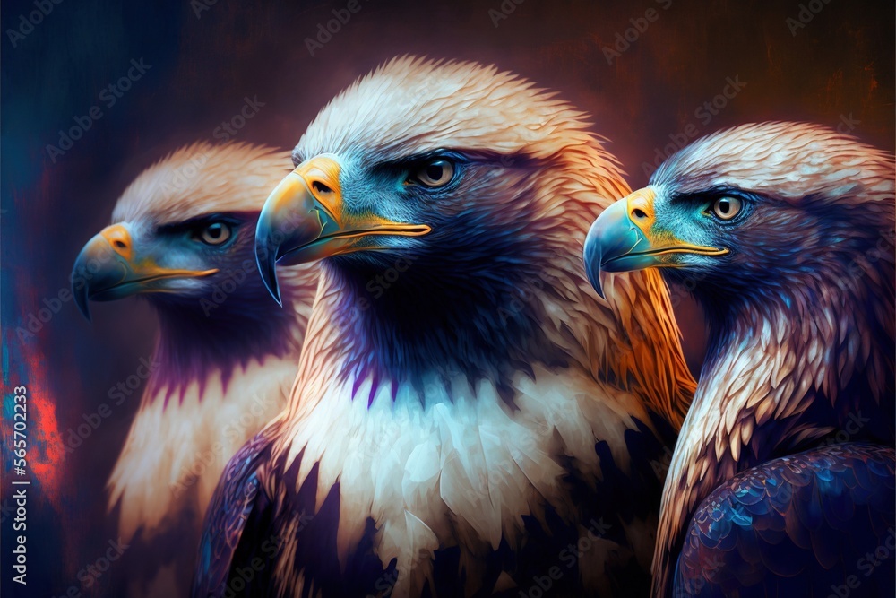 three birds of prey are standing close together in a painting style ...