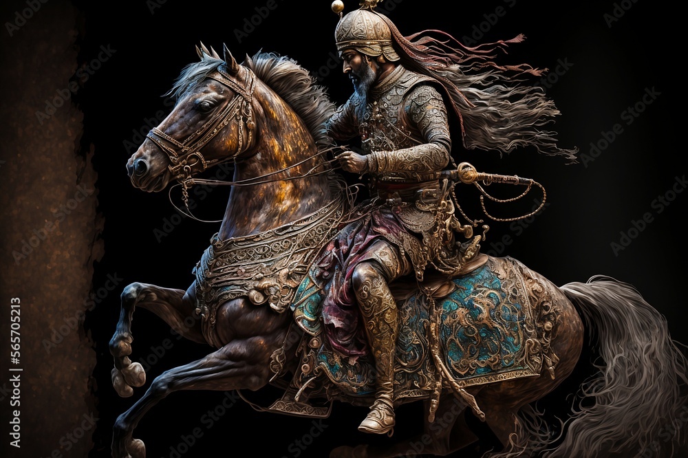 An Islamic warrior sits astride a powerful horse, with a sword. The ...