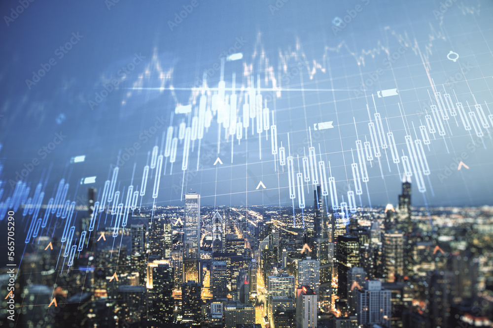 Multi exposure of abstract financial diagram and world map on Chicago ...