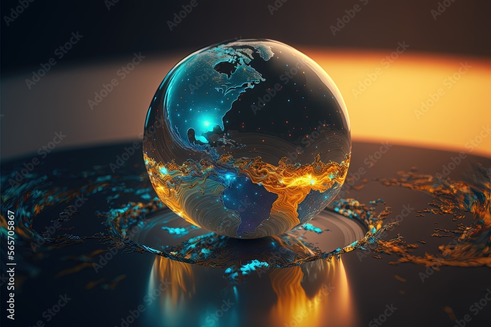 Glass marble earth on glass table depicting gravity waves and/or earth ...