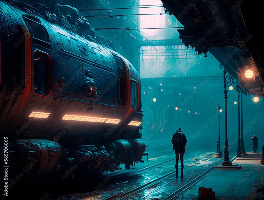 A futuristic train on the railway tracks in a haze hiding the city of ...