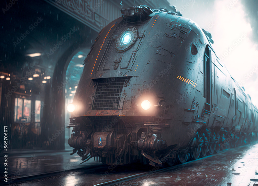 A futuristic train on the railway tracks in a haze hiding the city of ...