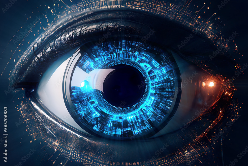 close up cyber electronic eye surveillance and security with lights ...