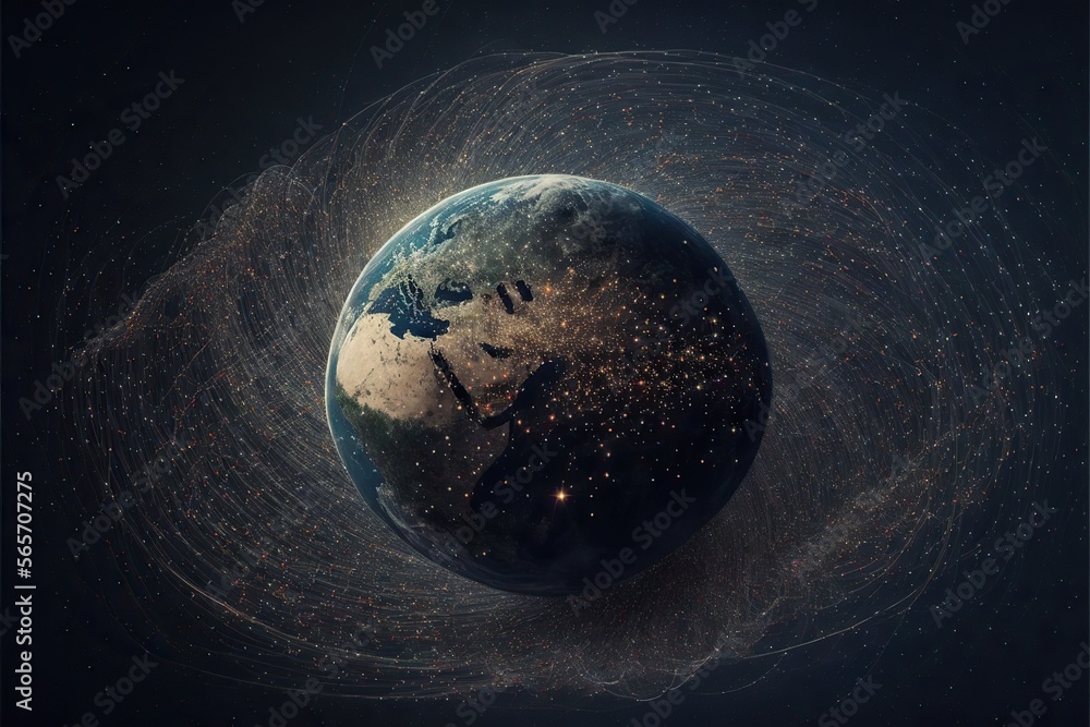Earth from space surrounded by many tiny satellites, concept of space ...
