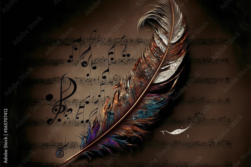 Musical notes and writing feather, concept of creating music on music ...