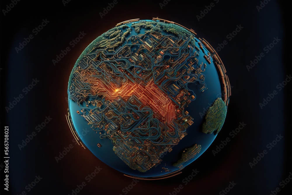 Planet earth from space circuits computer chips and wires, digital ...