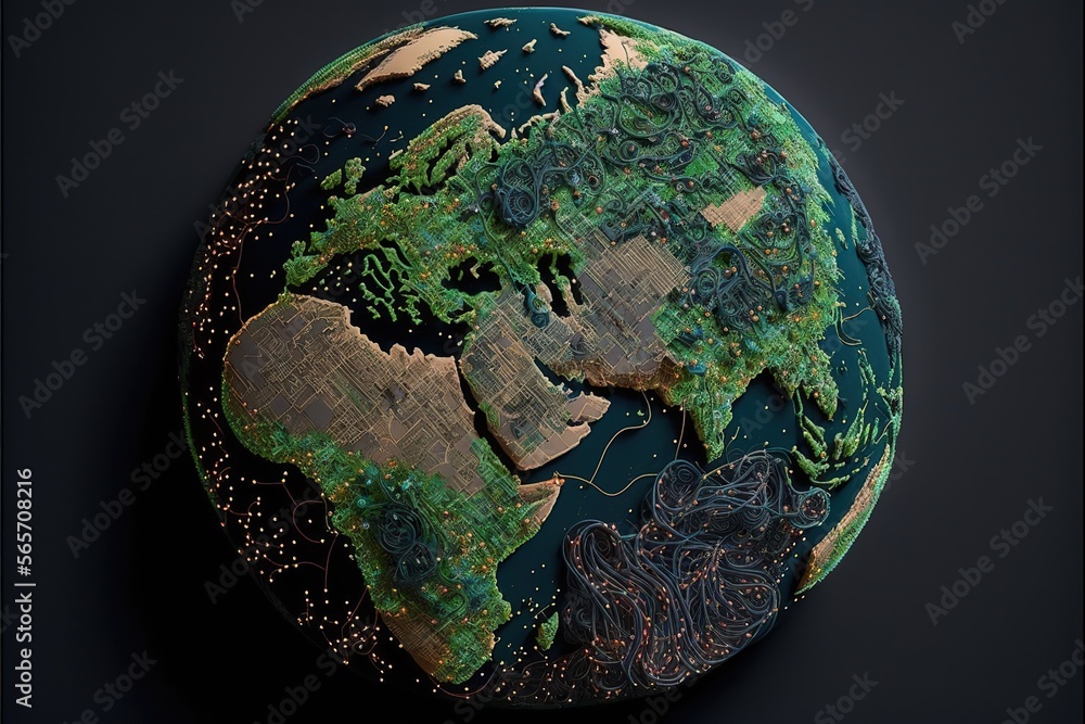 Planet earth from space circuits computer chips and wires, digital ...