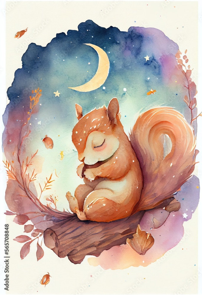 baby squirrel dreaming surrounded by the woods, moon, clouds and stars ...