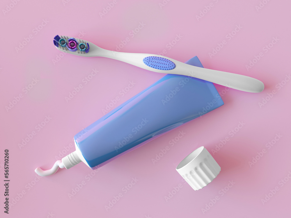 The blue tube of toothpaste is open, the lid is white, a professional ...