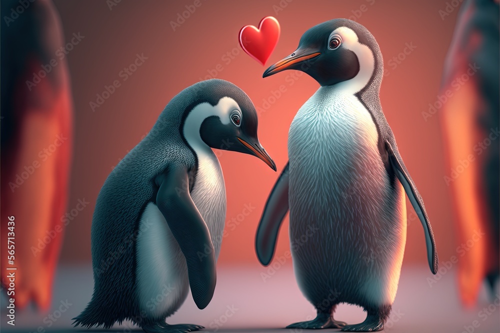 two penguins are standing next to each other with a heart on their ...