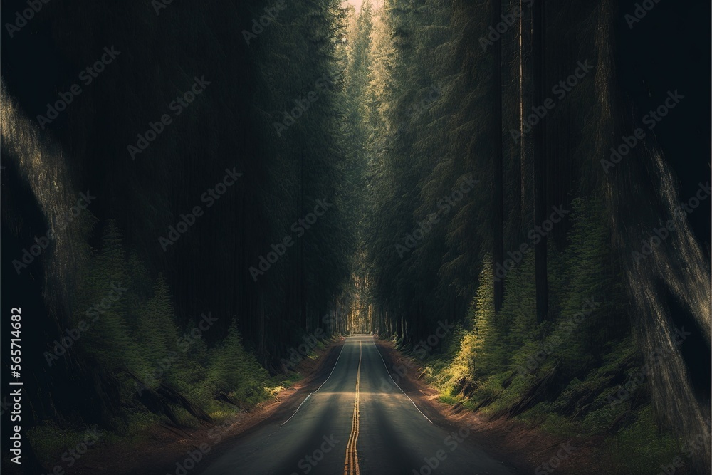 a road in the middle of a forest with tall trees on both sides of it ...
