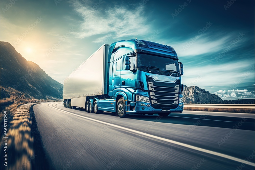 a blue semi truck driving down a road with mountains in the background ...