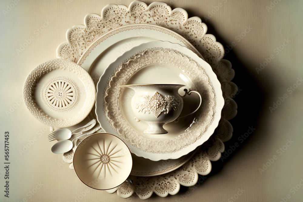 a table setting with a white china set on it's side and a blue and ...