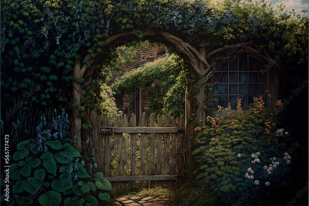 a painting of a gate with vines and flowers surrounding it and a path ...