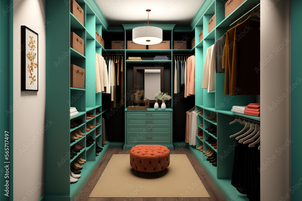 a walk in closet with a stool and a lot of drawers and drawers on the ...