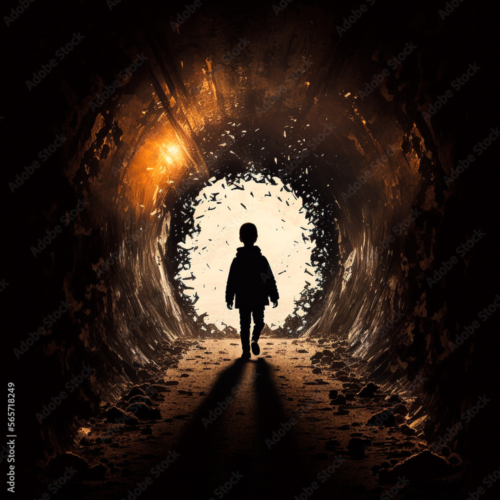 child in a near-death experience Light at the end of the tunnel ...