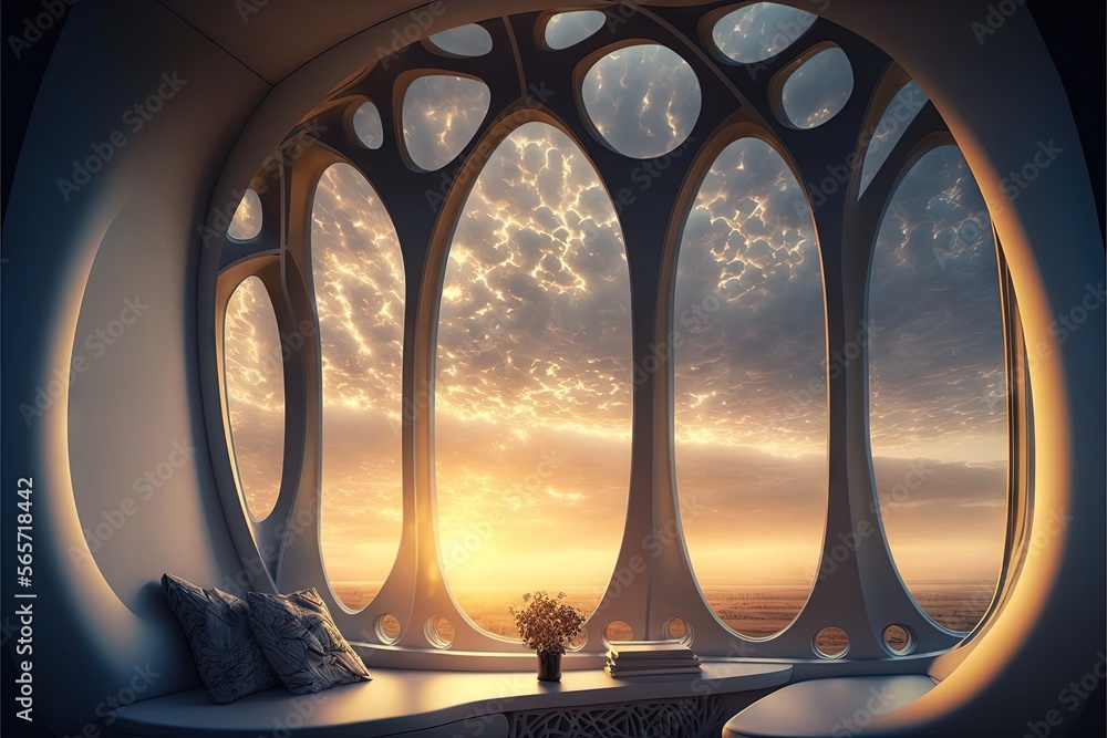 a window with a view of the sky and clouds outside of it, with a bench ...