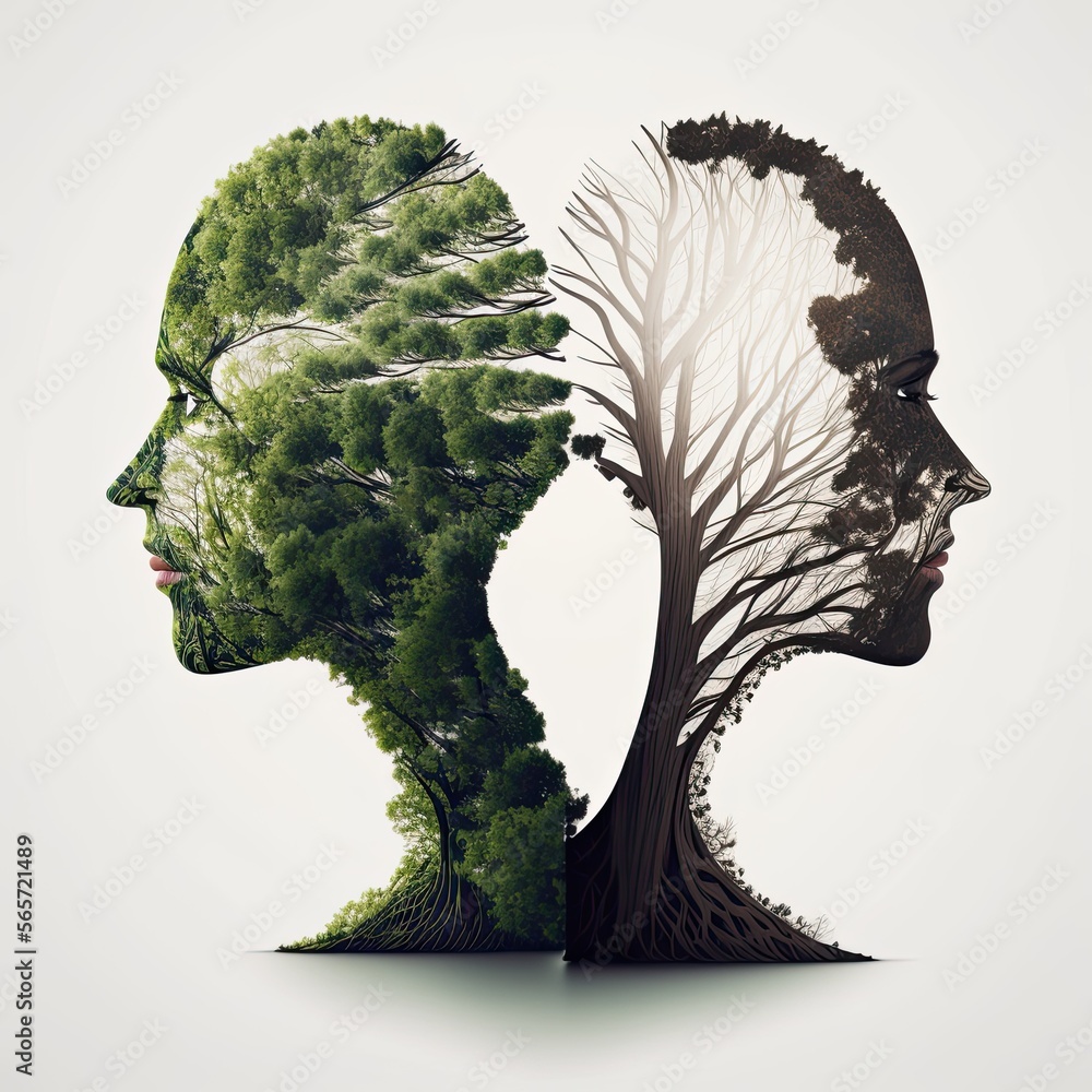 trees shaped like the profiles of a man and woman facing opposit ...