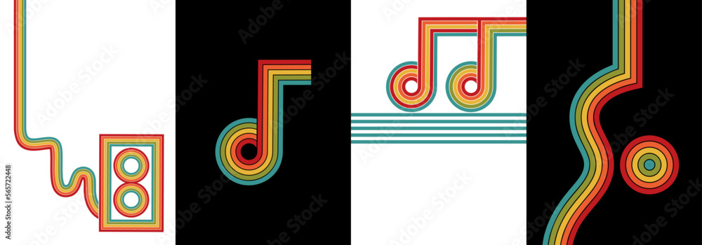 70s music poster set with guitar, musical notes, cassette tape. Disco ...