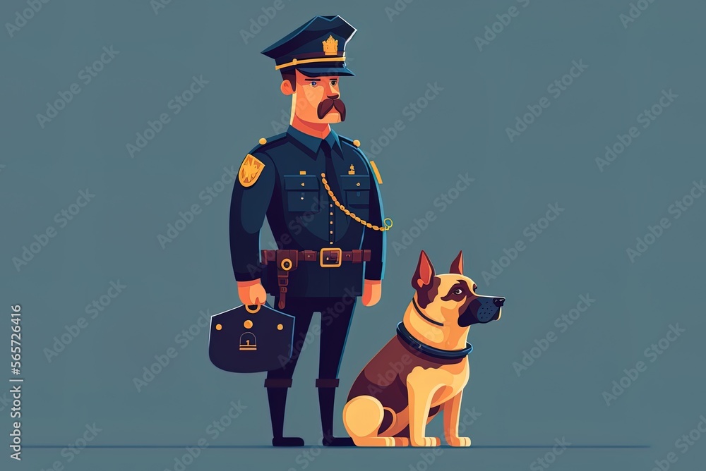 Flat cartoon style police officer with his dog. illustration ...