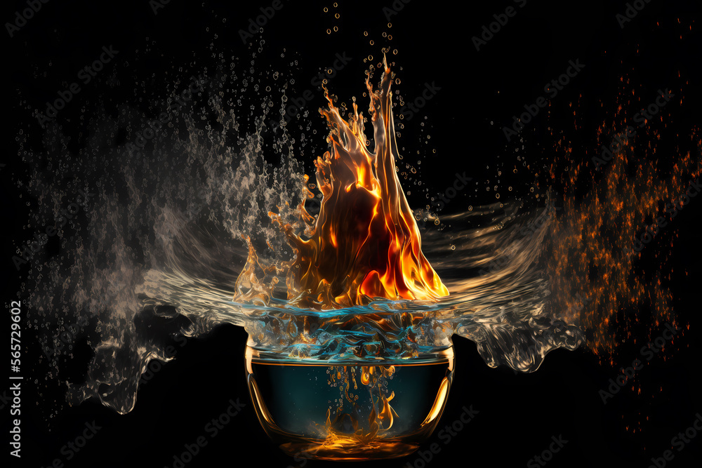 Fire and water splash. Dynamic concept of two opposite elements. Heat ...