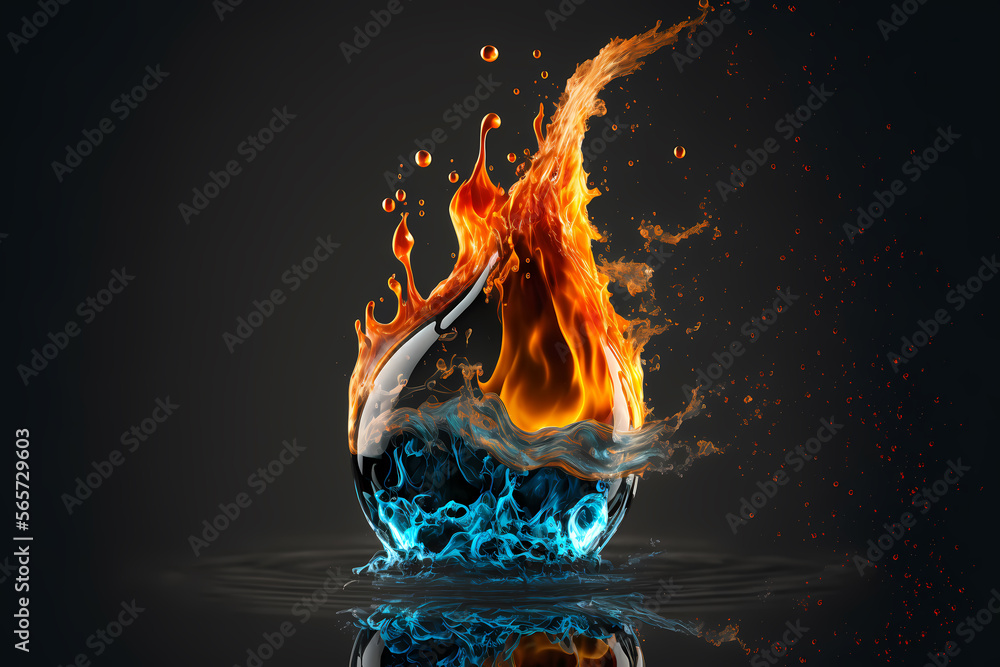Fire and water splash. Dynamic concept of two opposite elements. Heat ...