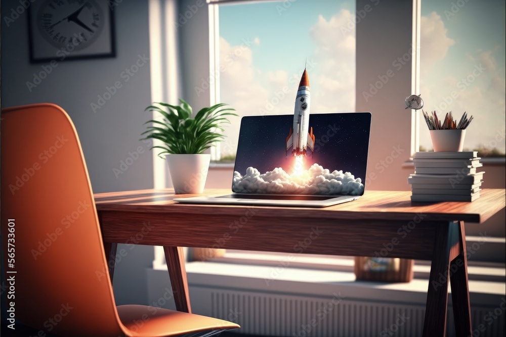 Laptop with rocket coming out of the screen on top of office desk ...