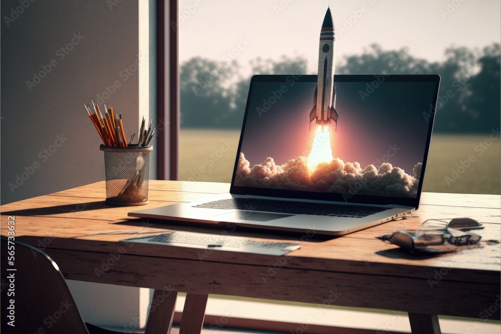 Laptop with rocket coming out of the screen on top of office desk ...