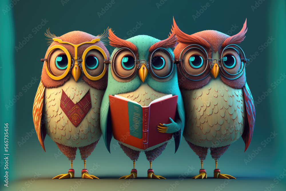 group of studious and wise owls wearing different colored glasses and ...