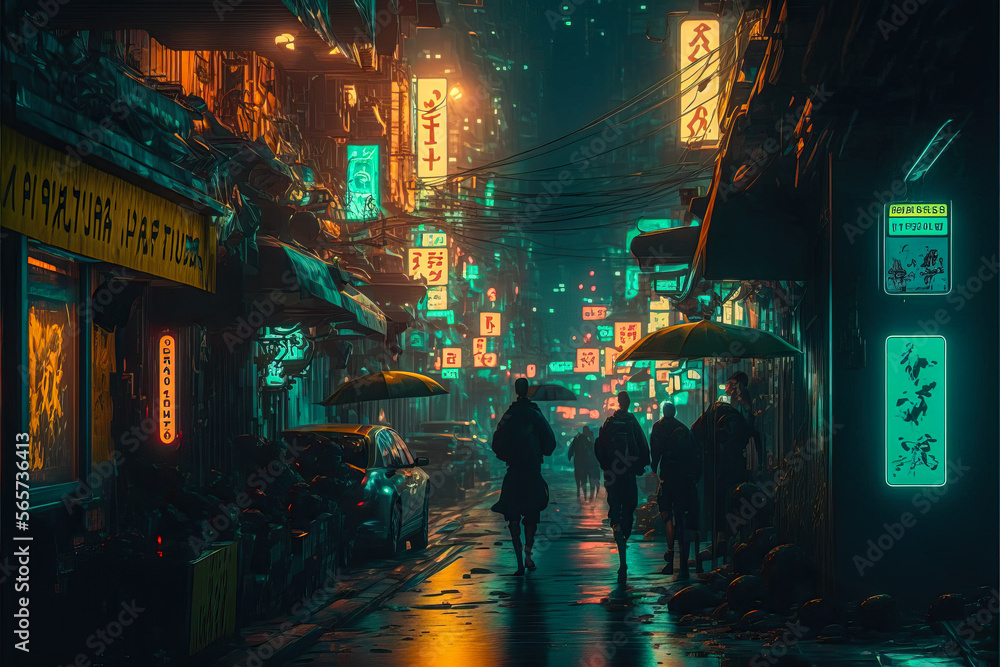 Neon-lit Cyberpunk city at night featuring traditional Asian street ...