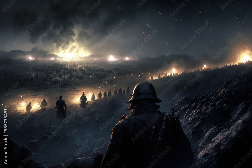 WW1 night battle soldiers. Cinematic scene of a winter battlefield in ...