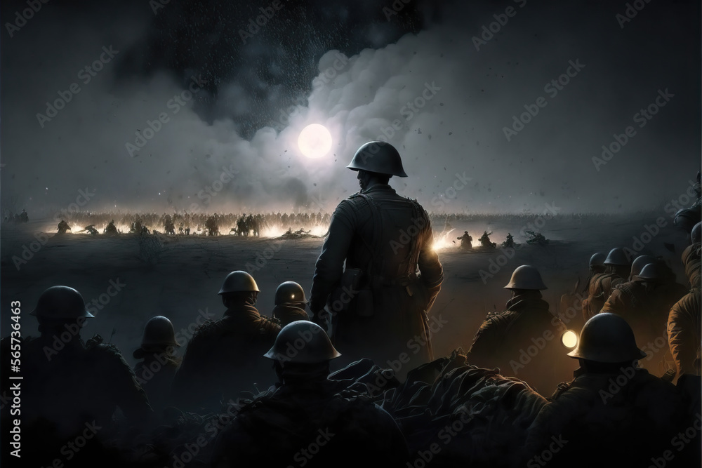 World War 1 night time soldiers going into battle. WW1 illustration of ...