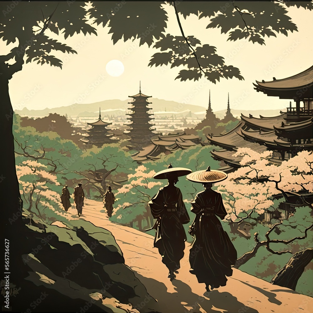 Medieval Japan, travelers walking on foot towards medieval japanese ...