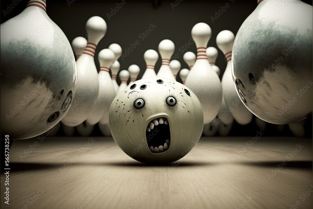 Bowling pins run away in horror from the bowling ball, created with ...