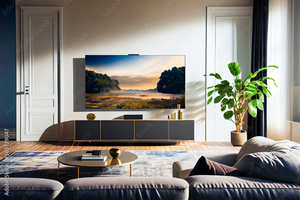 Living room with Big TV on the wall in the room in a modern style. Elegant lixury living room ...