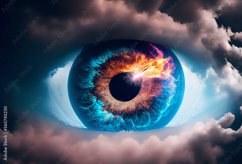 eye in the sky reflecting fire of an explosion, generative ai Stock ...
