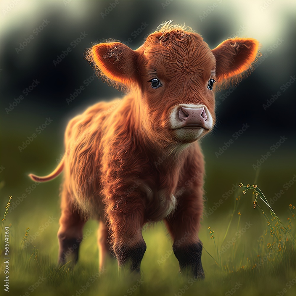 Cute baby cow on blurred natural background. Adorable calf on farm land ...