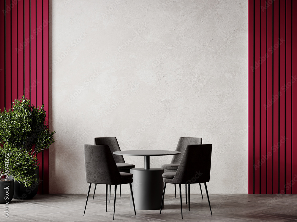 Meeting area or dining room with large black round table and gray ...