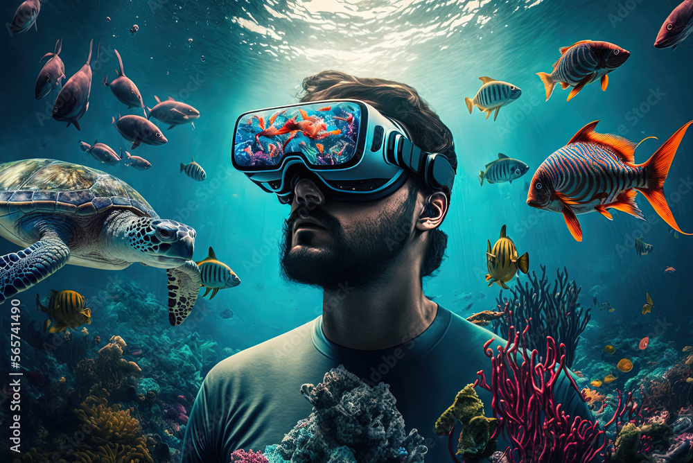 man visualizing ocean wearing VR goggles by generative AI Stock ...