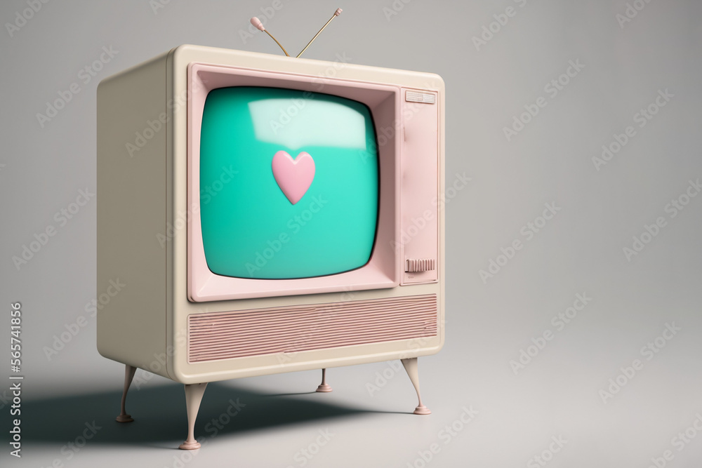 TV rosa a tubo catodico con cuore al centro dello schermo su sfondo bianco generata dall'AI ...