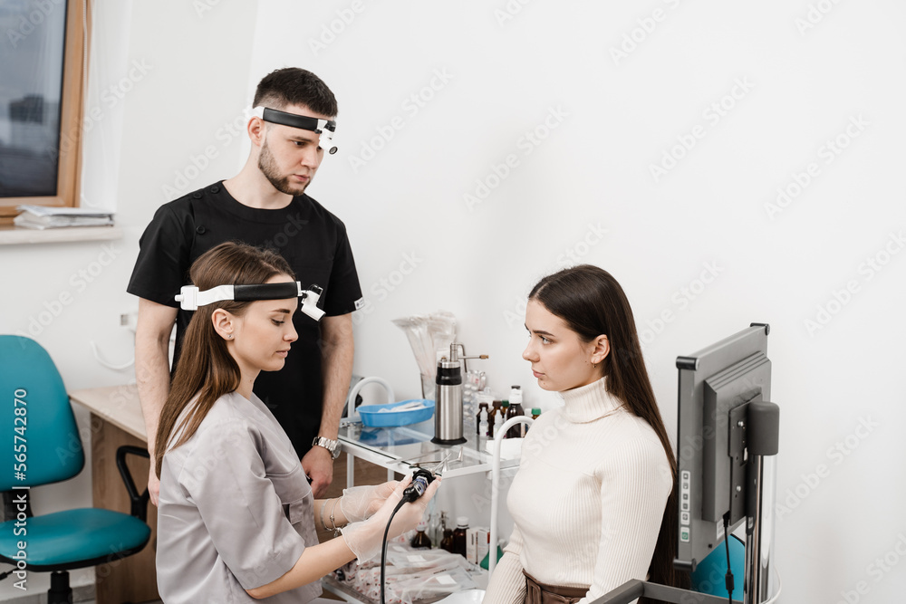 Education ENT medical students interns of nose endoscopy. Rhinoscopy ...