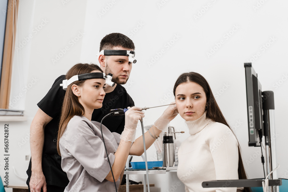 Education ENT medical students interns of ears endoscopy of woman ...
