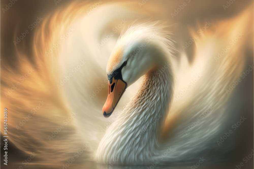 a white swan is floating in the water with its feathers spread out and ...