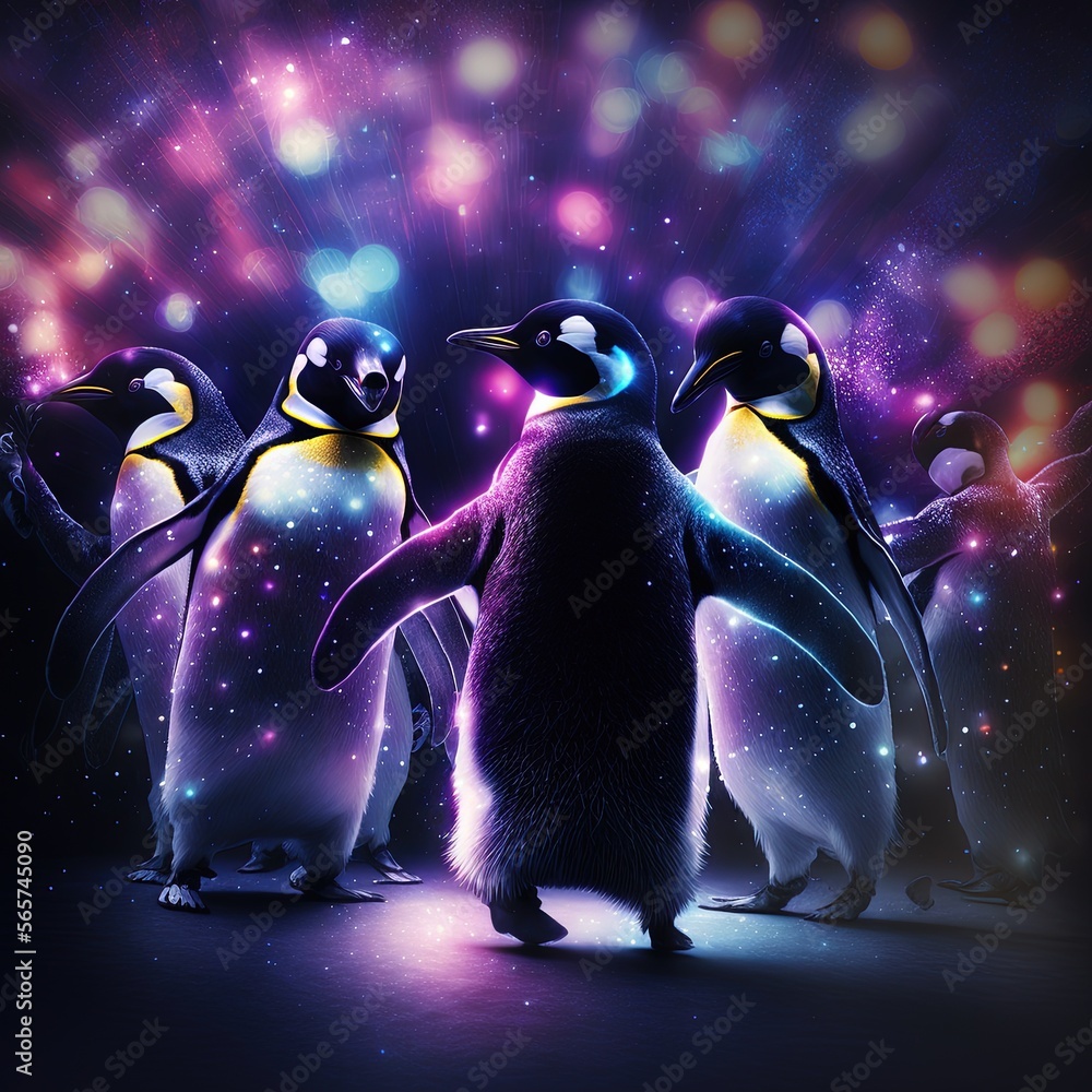 a group of penguins standing next to each other on a stage with lights ...