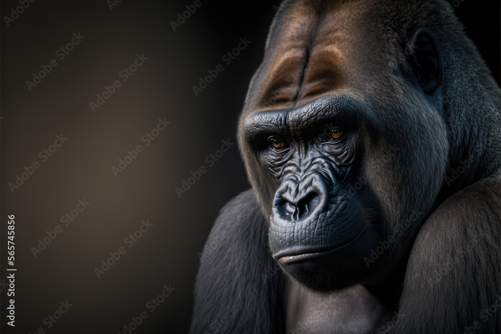a gorilla with a very large face and a very long neck, looking at the ...