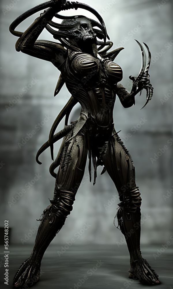 Generative Ai - Female alien warrior, 3D render, intricate details dark ...