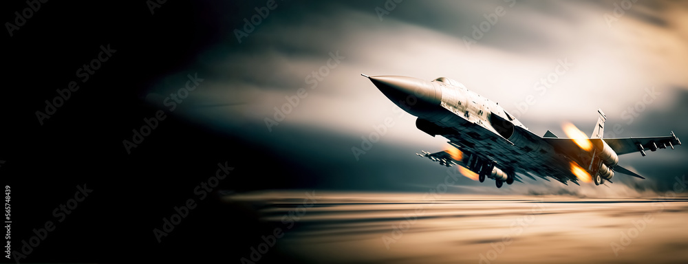 Combat military fighter rapidly takes off at high speed from the runway ...