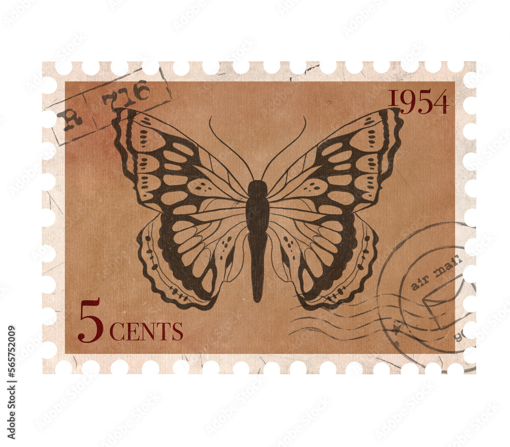 Vintage Postage Stamp with Butterfly. Retro Printable post stamp ...