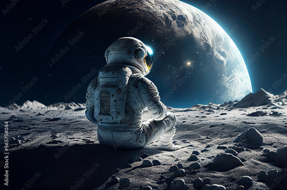 Astronaut on the moon or extraterrestrial planet. Alone and watching ...